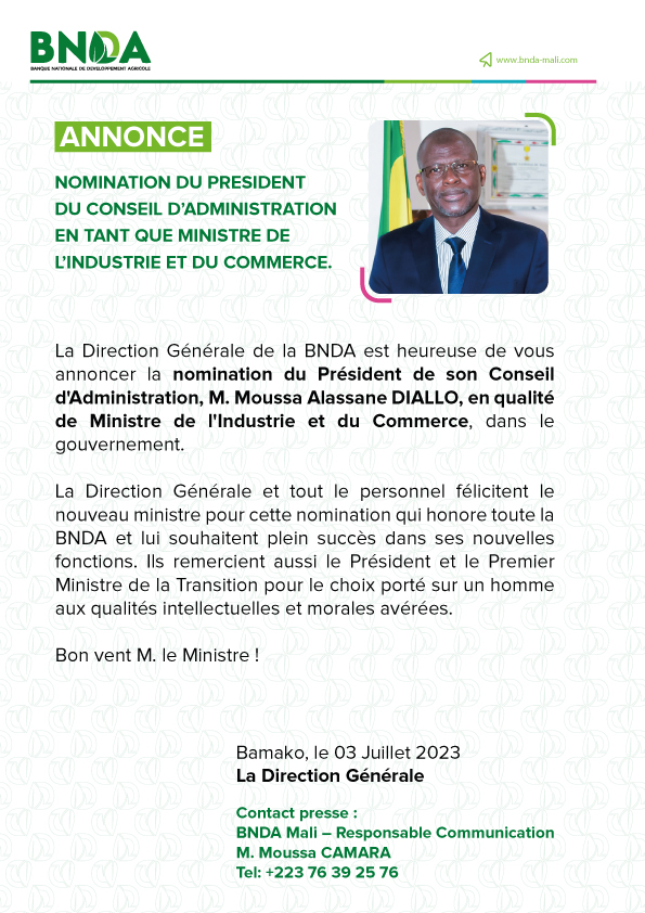 La BNDA à l'honneur ! Le Président de son Conseil d'Administration est nommé Ministre de l ...